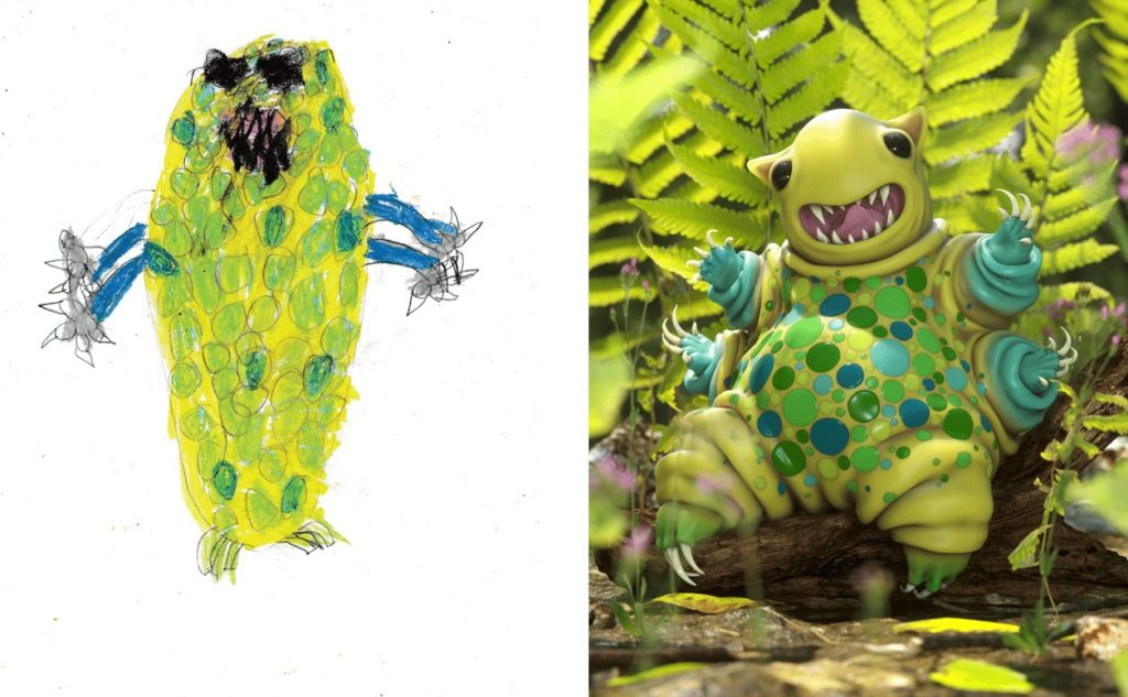 Artist skillfully recreates kids' monster doodles into unique drawings