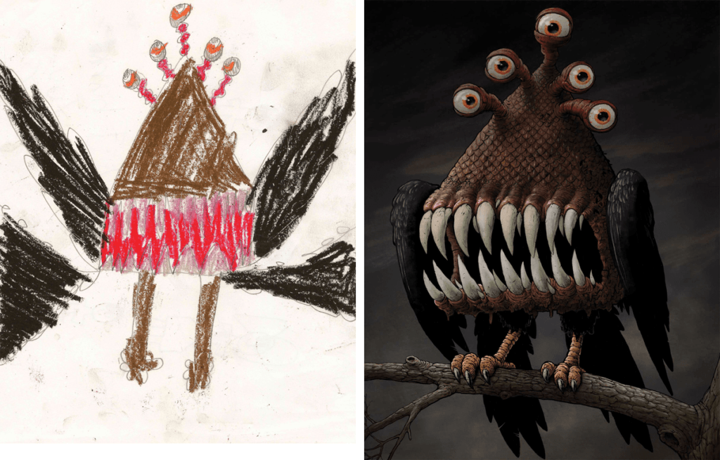 Artist skillfully recreates kids' monster doodles into unique drawings